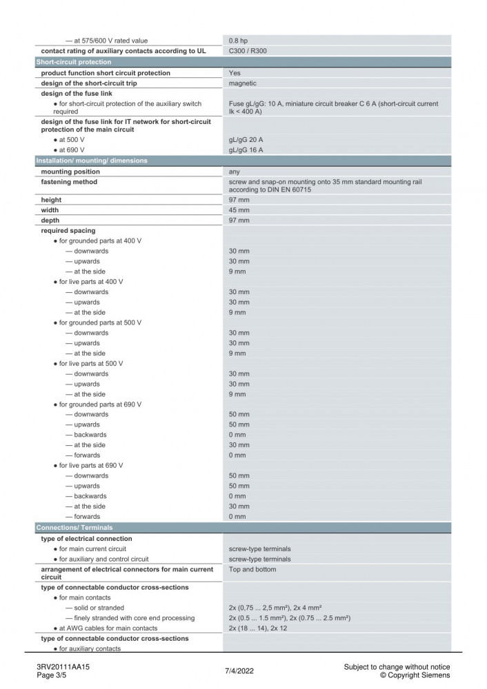 3RV20111AA15 datasheet page 3
