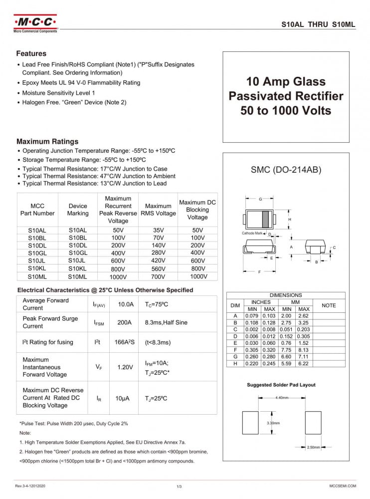 MCC S10JL-TP datasheet page 1