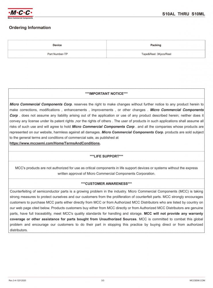 MCC S10JL-TP datasheet page 3
