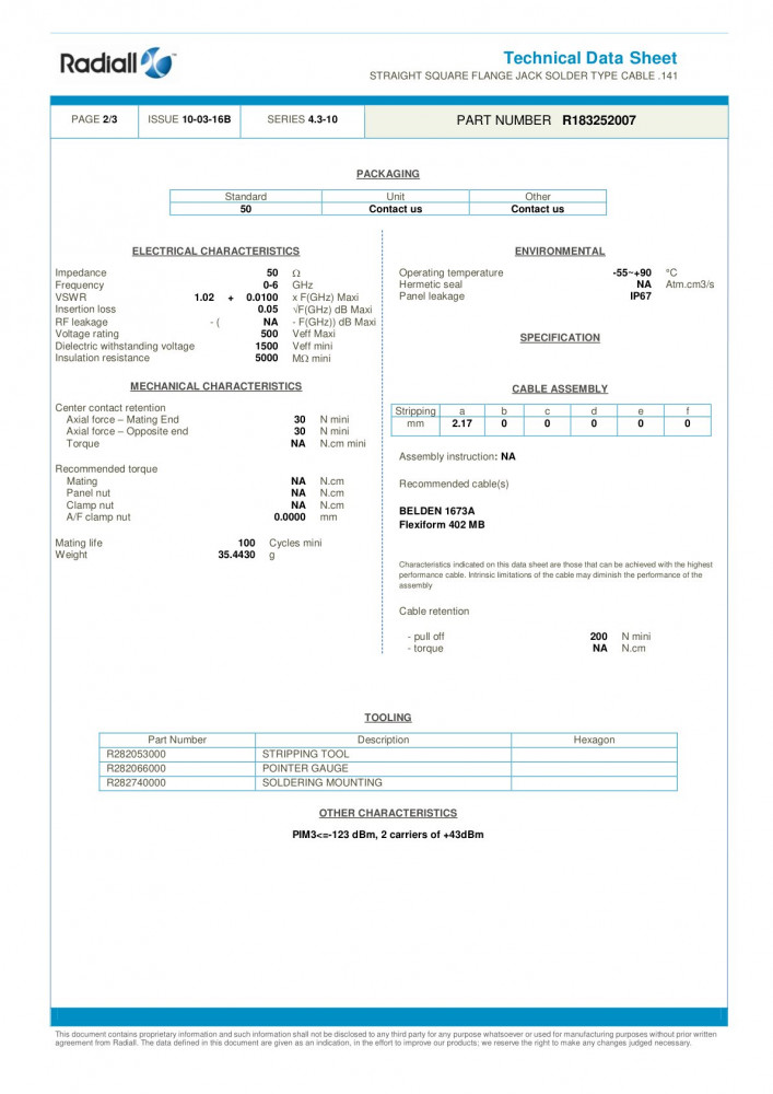 Radiall R183252007 electrical, mechanical and environmental specifications