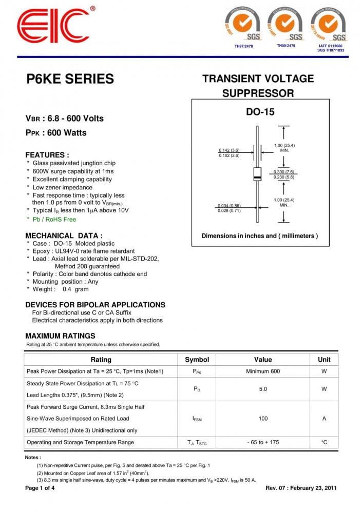 EIC P6KE series datasheet page 1