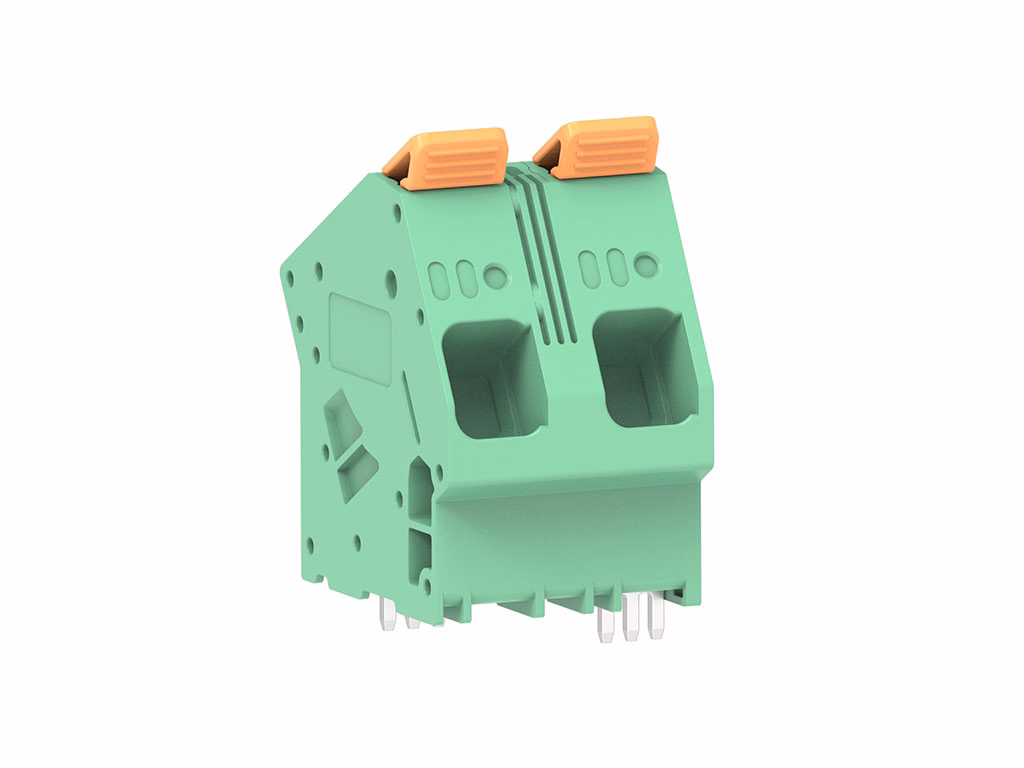 15.00mm Pitch Lever Activated Fixed Mount PCB Terminal Block, 35° Wire Entry, Left Rear Terminal, 2 Circuits for sale