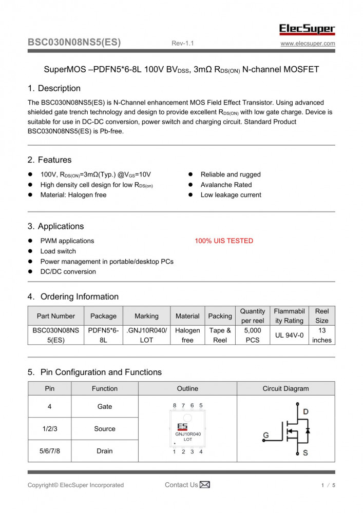 BSC030N08NS5(ES) datasheet page 1