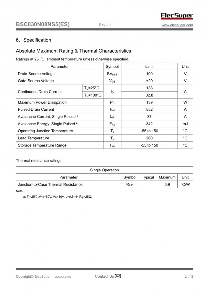 BSC030N08NS5(ES) datasheet page 2