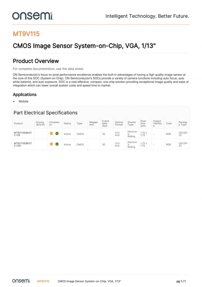 MT9V115 technical document preview