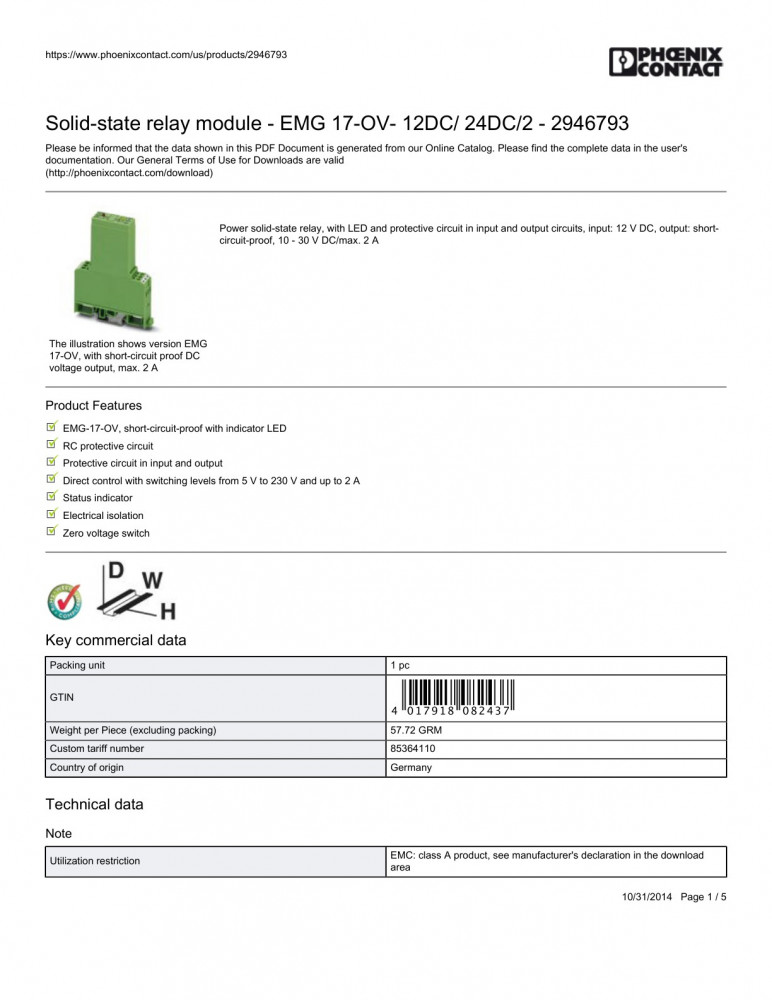 Phoenix Contact 2946793 product technical page