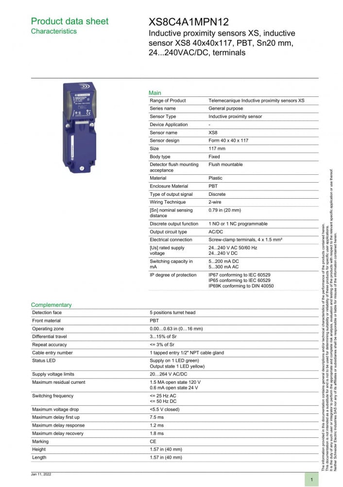 XS8C4A1MPN12 technical document page 1