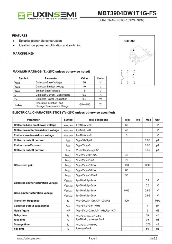MBT3904DW1T1G-FS datasheet page 1
