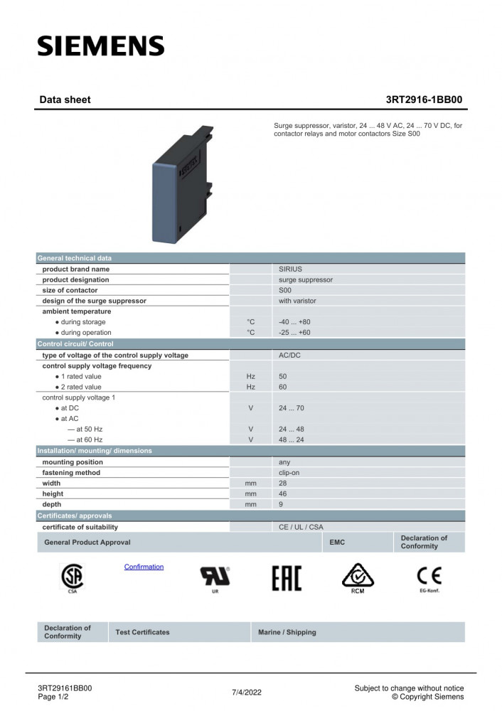 Technical document page 1 for the surge suppressor