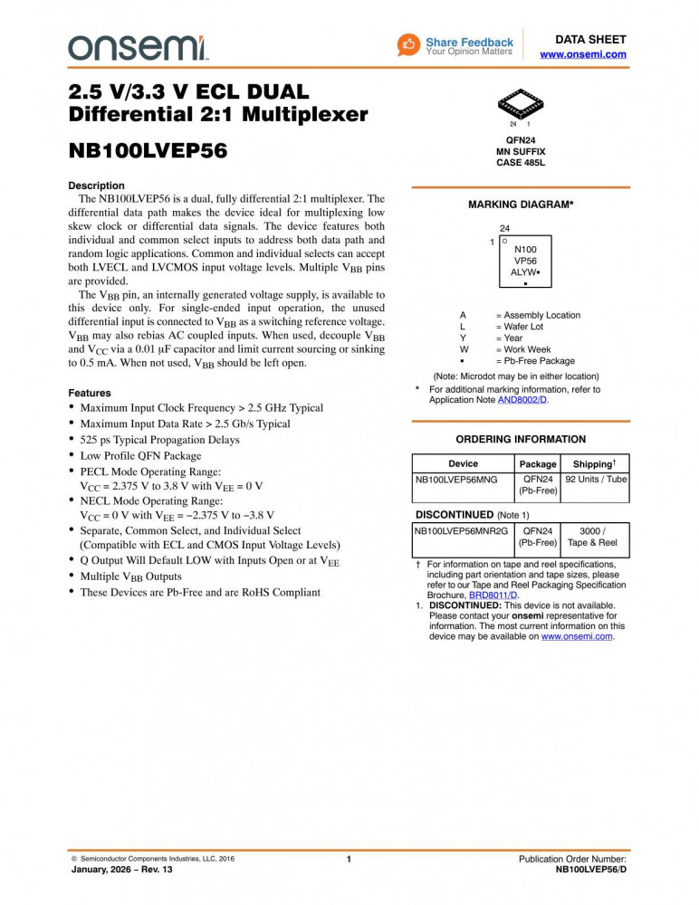 NB100LVEP56 datasheet page 1