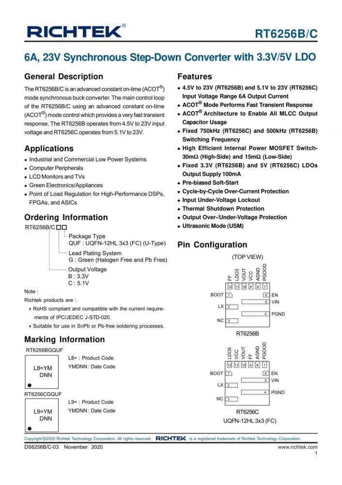 RT6256BGQUF datasheet page 1