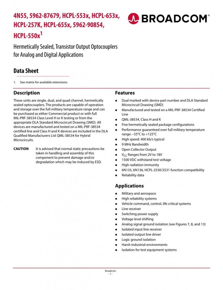 HCPL-6550 datasheet page 1