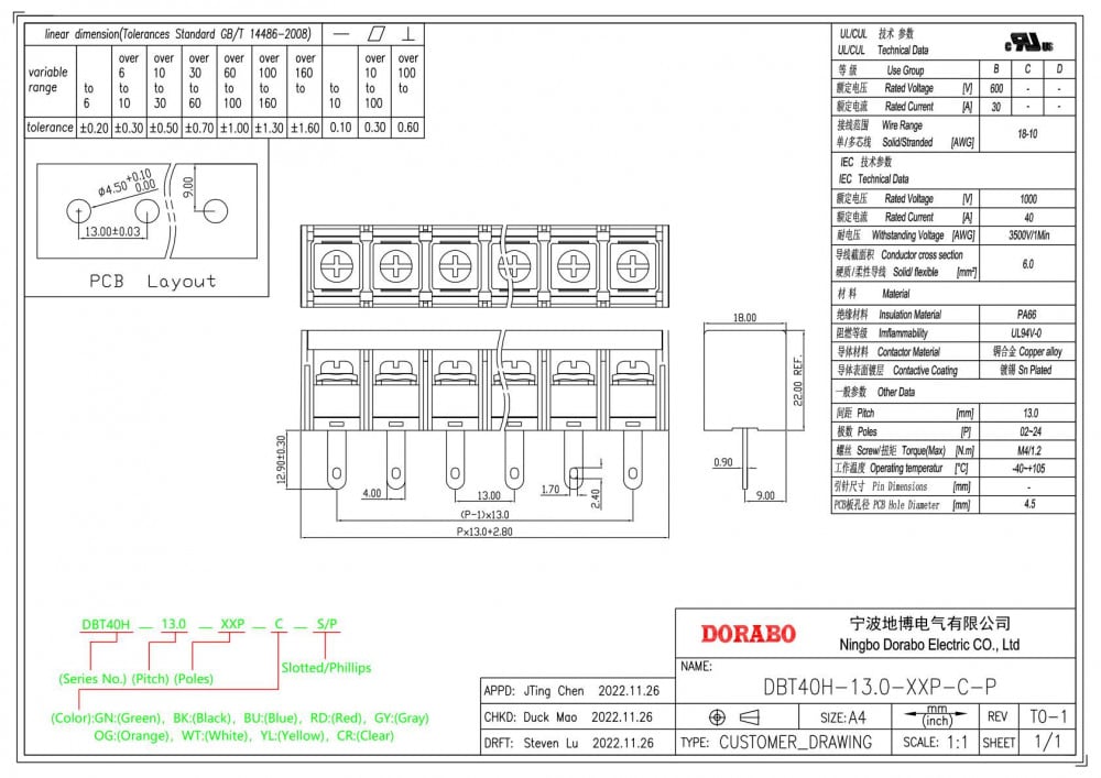 DORABO DBT40H-13.0 terminal block customer drawing