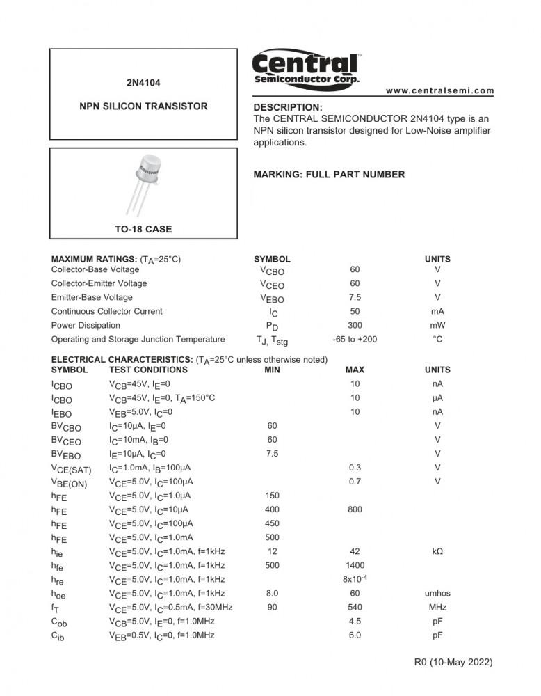 Central 2N4104 PBFREE datasheet page 1