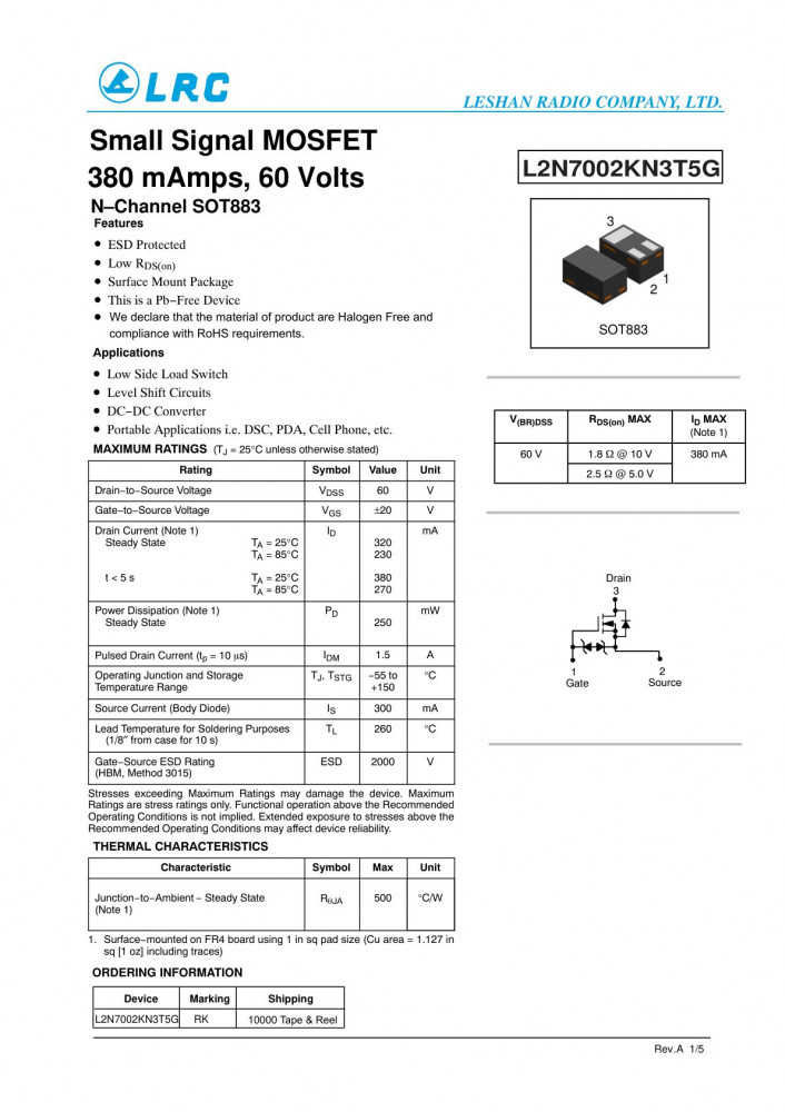 L2N7002KN3T5G datasheet preview, page 1