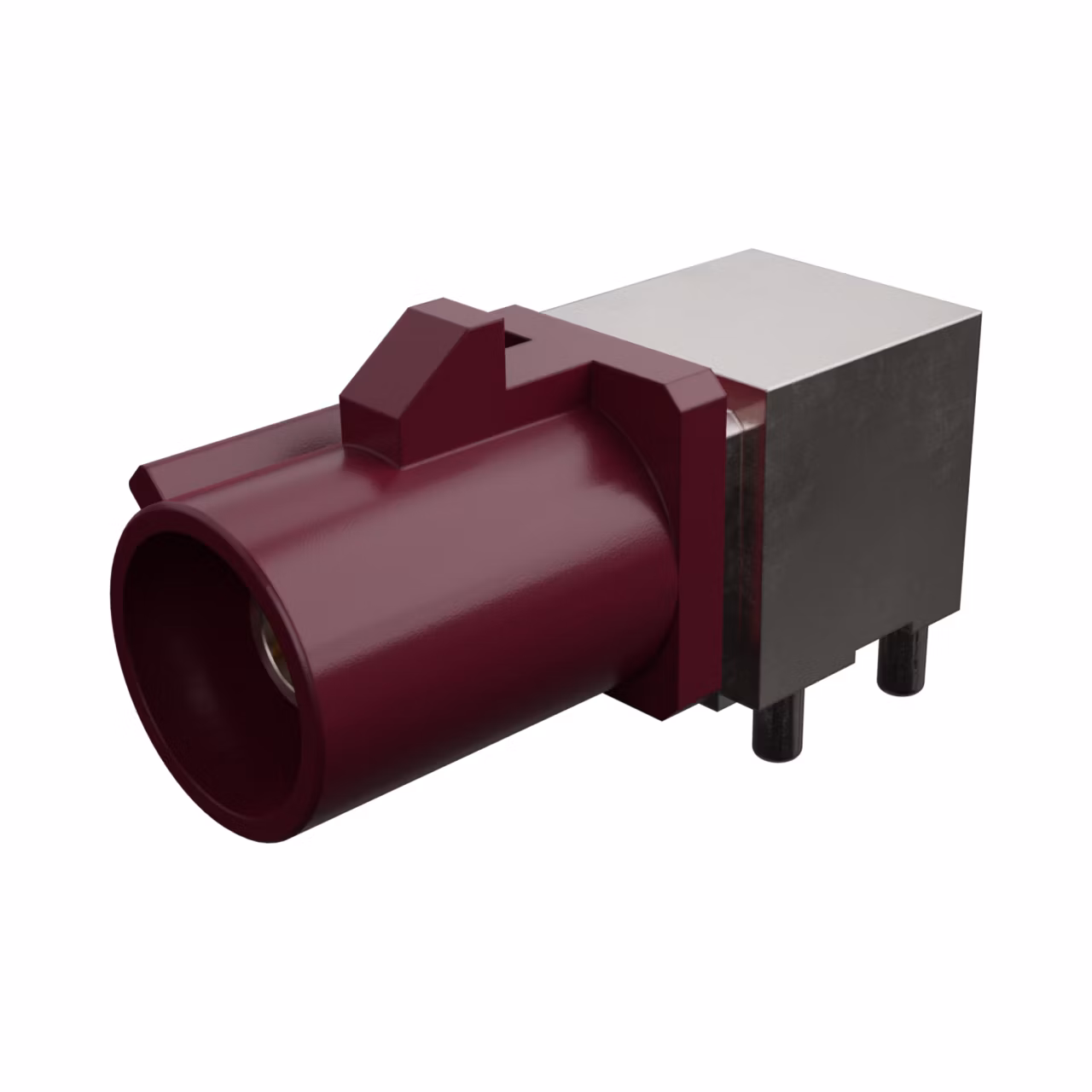 FAKRA Jack, Right-Angle, PCB Receptacle, Through Hole, Die Cast Body, Tin (Sn) Plated, Keying Code D, Bordeaux Violet, 50 Ohms for sale