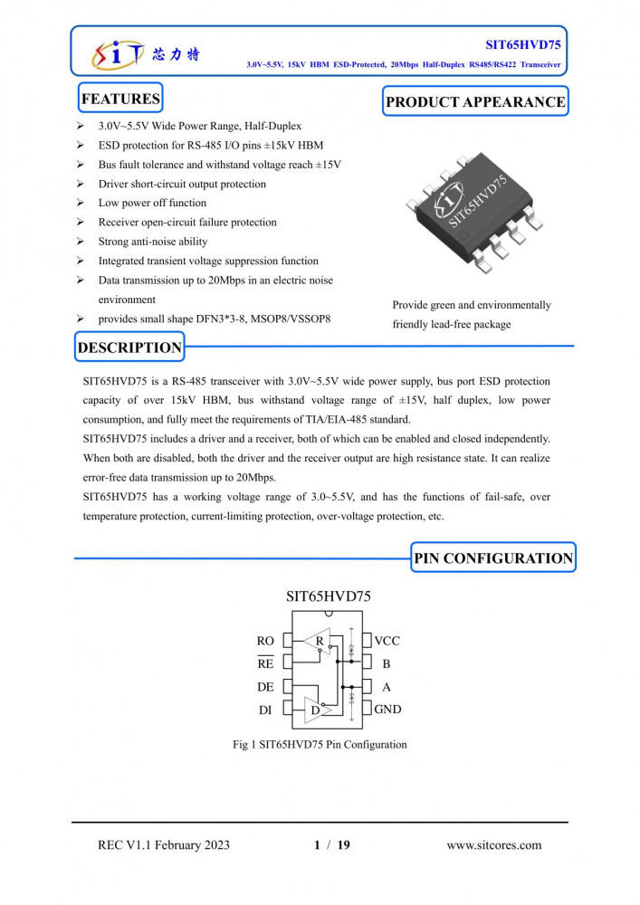 SIT65HVD75DR datasheet page 1