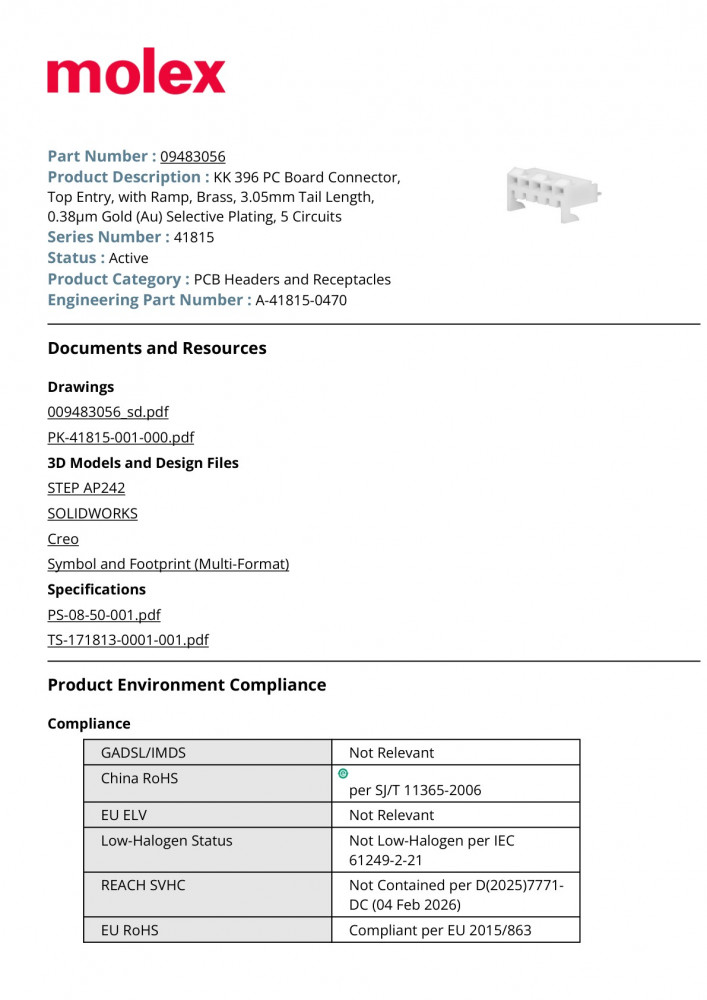 Molex KK 396 product specification page 1