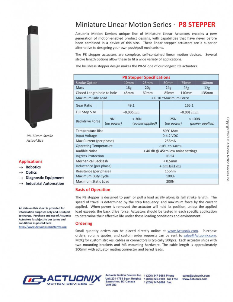 Actuonix P8 series technical document page 1