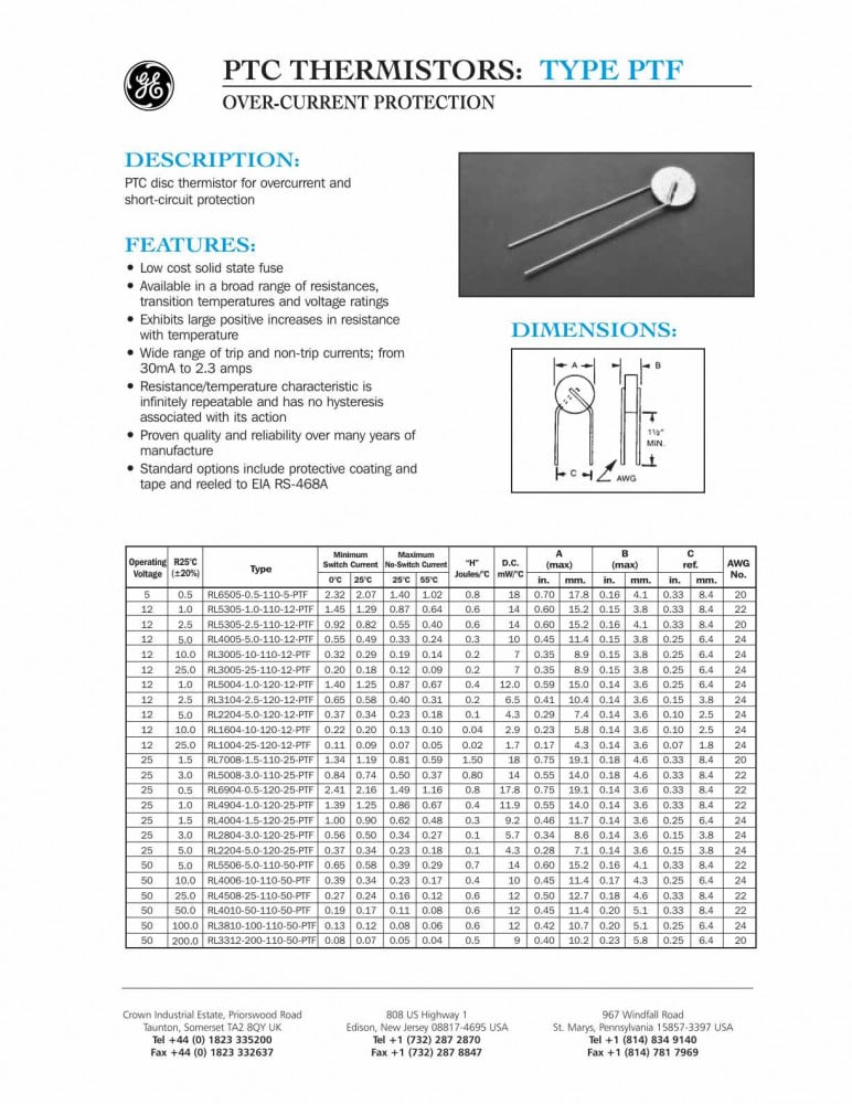 Amphenol PTC over-current protection document page 1