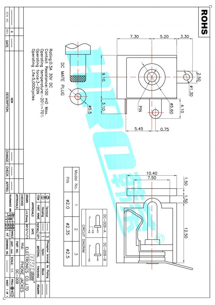 HRO DC-009-25A technical drawing preview