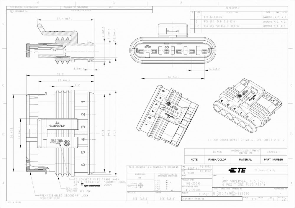 TE Connectivity 282090-1 controlled drawing page 1