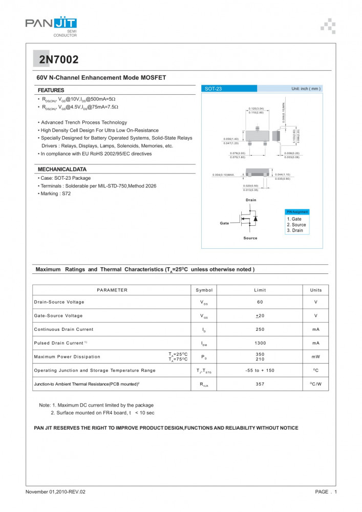 2N7002 datasheet page 1