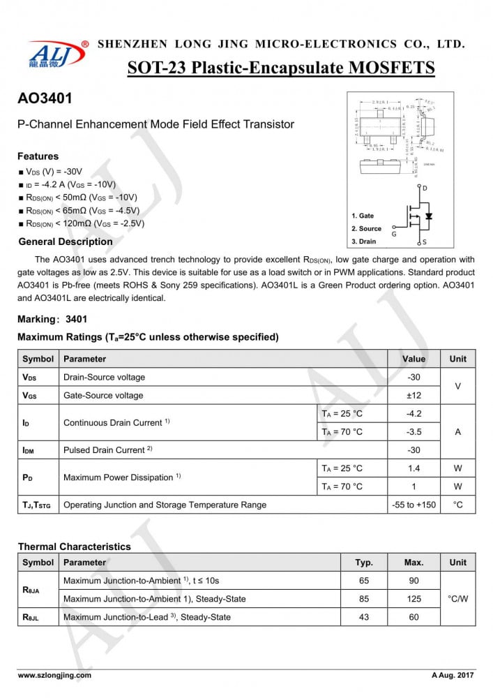 AO3401 datasheet page 1