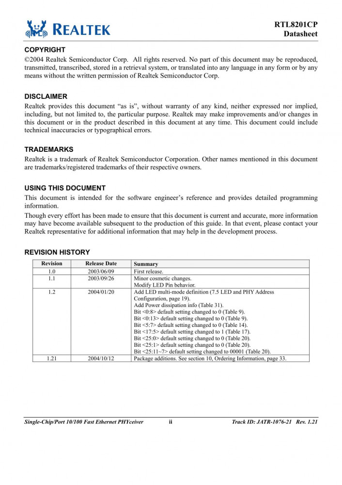 RTL8201CP datasheet page 2