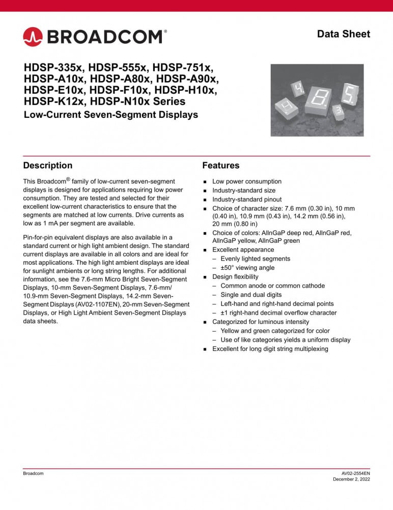 HDSP low-current display datasheet page 1
