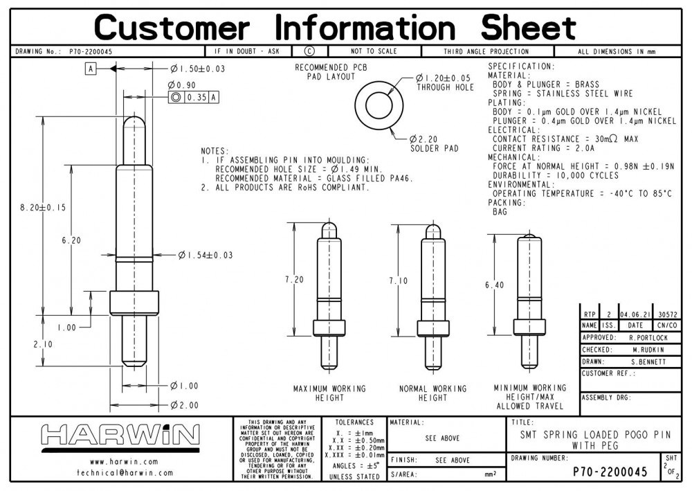 Harwin P70-2200045 customer information sheet