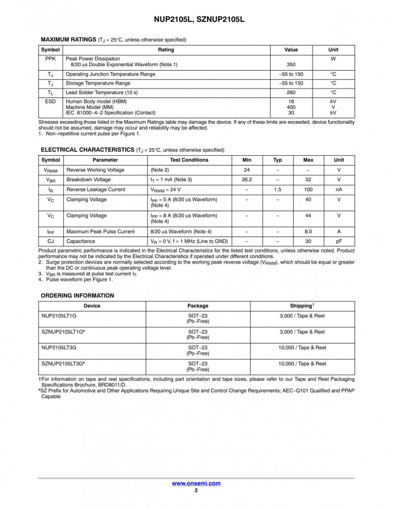 SZNUP2105LT3G datasheet page 2