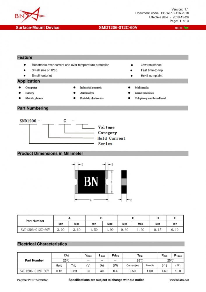 BNstar SMD1206-012C-60V datasheet page 1