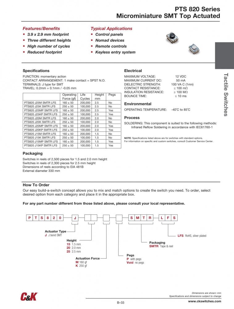 C&K PTS820 product documentation page 1