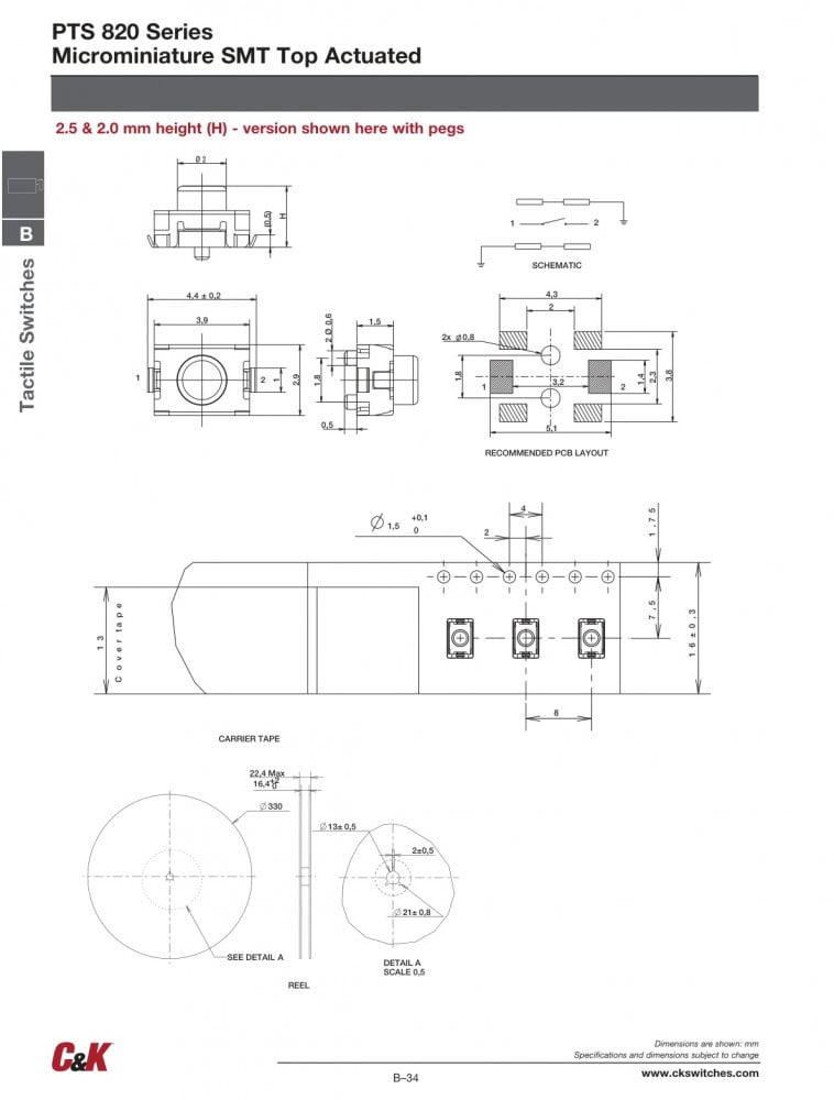 C&K PTS820 product documentation page 2