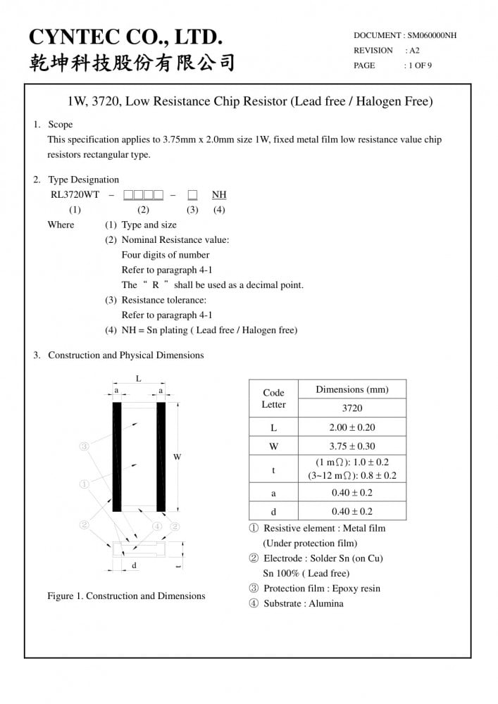 Cyntec RL3720WT specification page 1