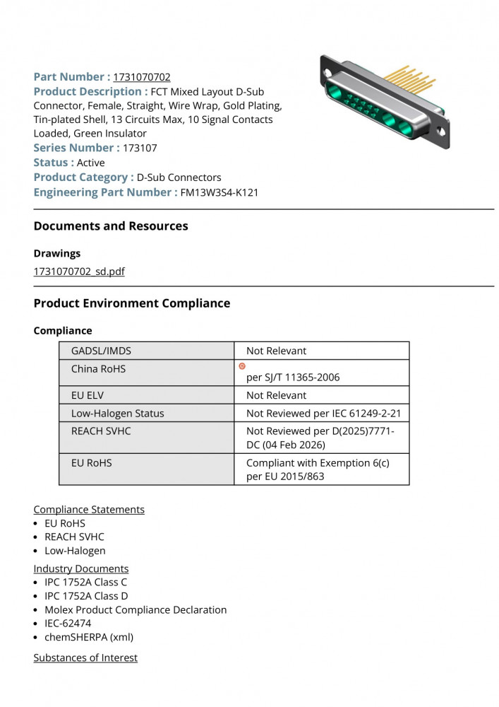 MOLEX 1731070702 technical drawing page 1
