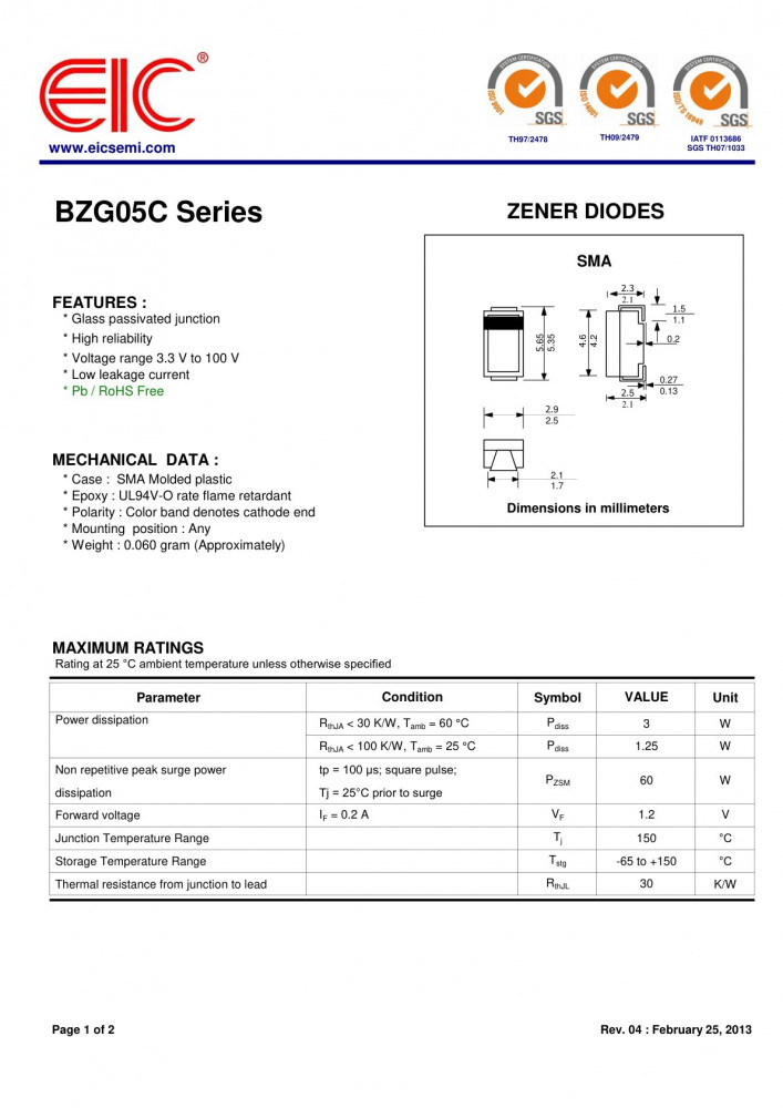 EIC BZG05C3V3 datasheet page 1