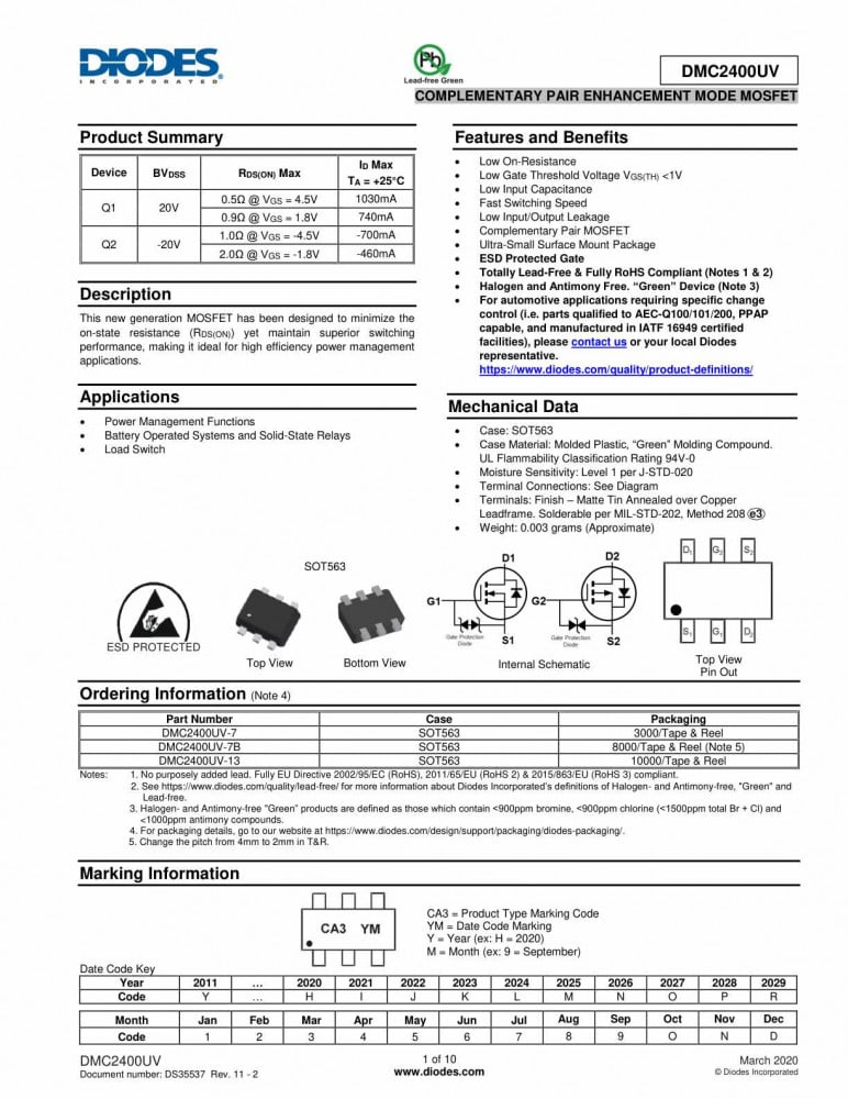 DMC2400UV-7 datasheet page 1