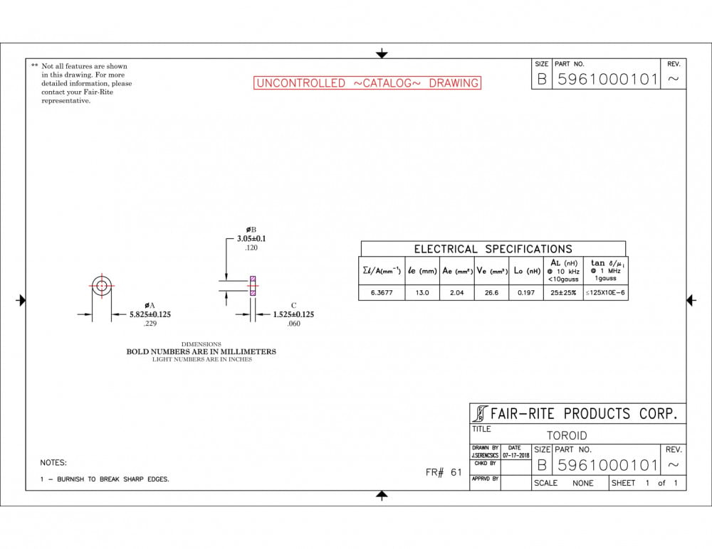 Fair-Rite 5961000101 technical document page