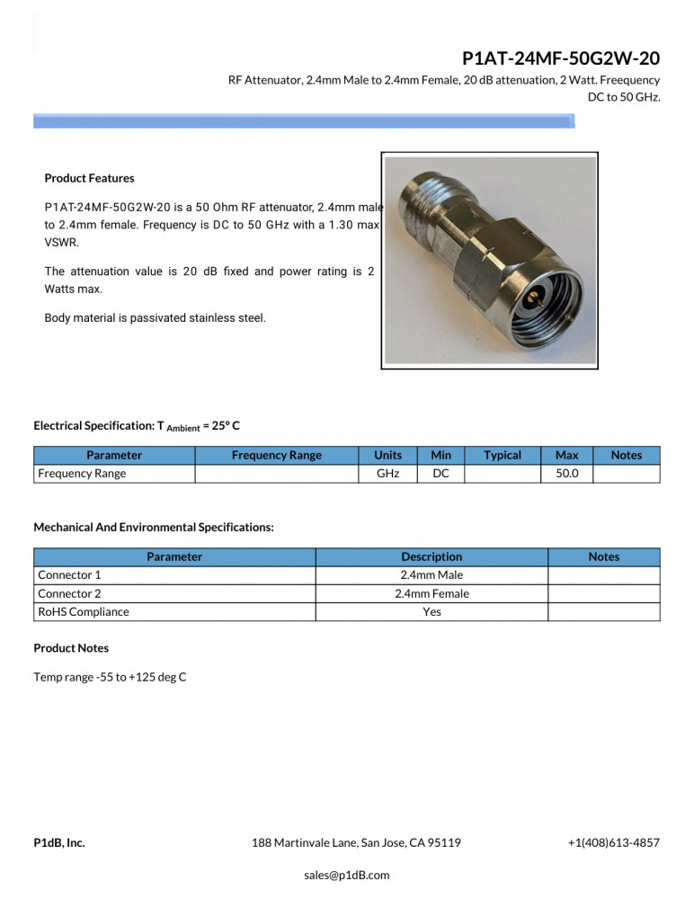 P1AT-24MF-50G2W-20 RF attenuator product image
