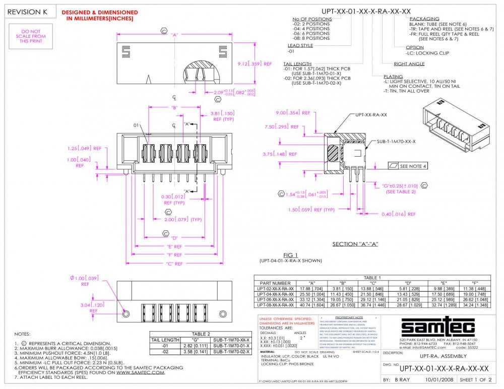 Samtec UPT-RA assembly drawing page 1