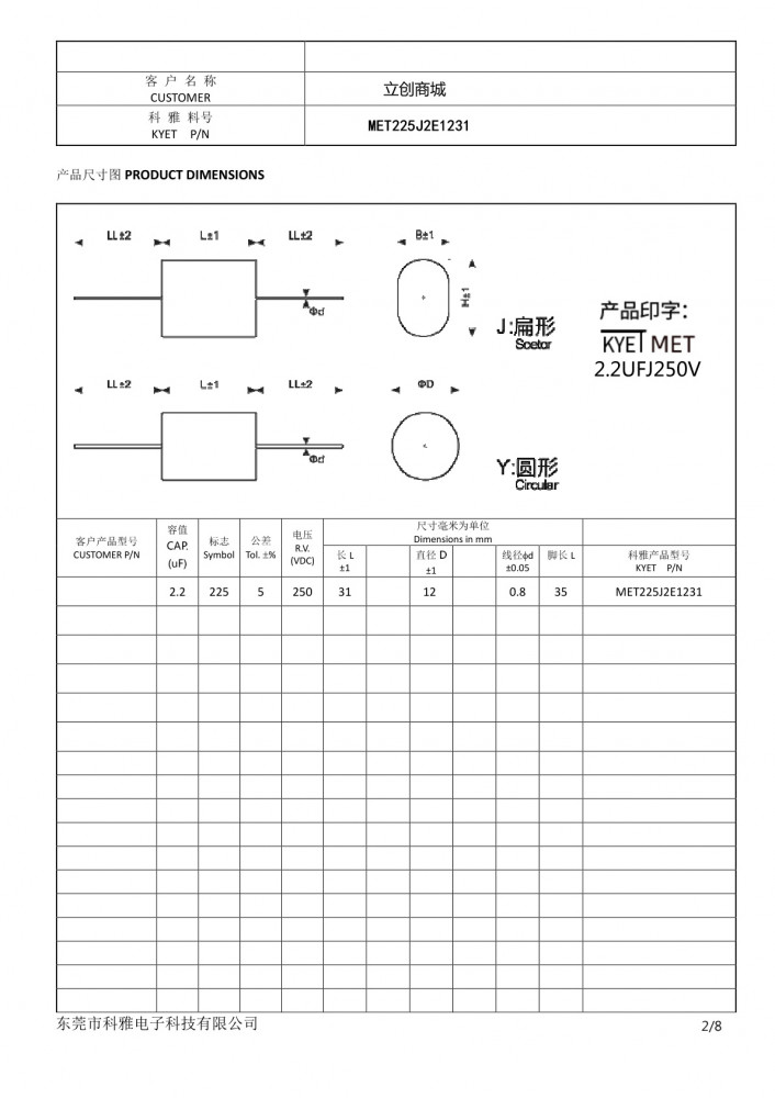 KYET MET225J2E1231 specification page 2