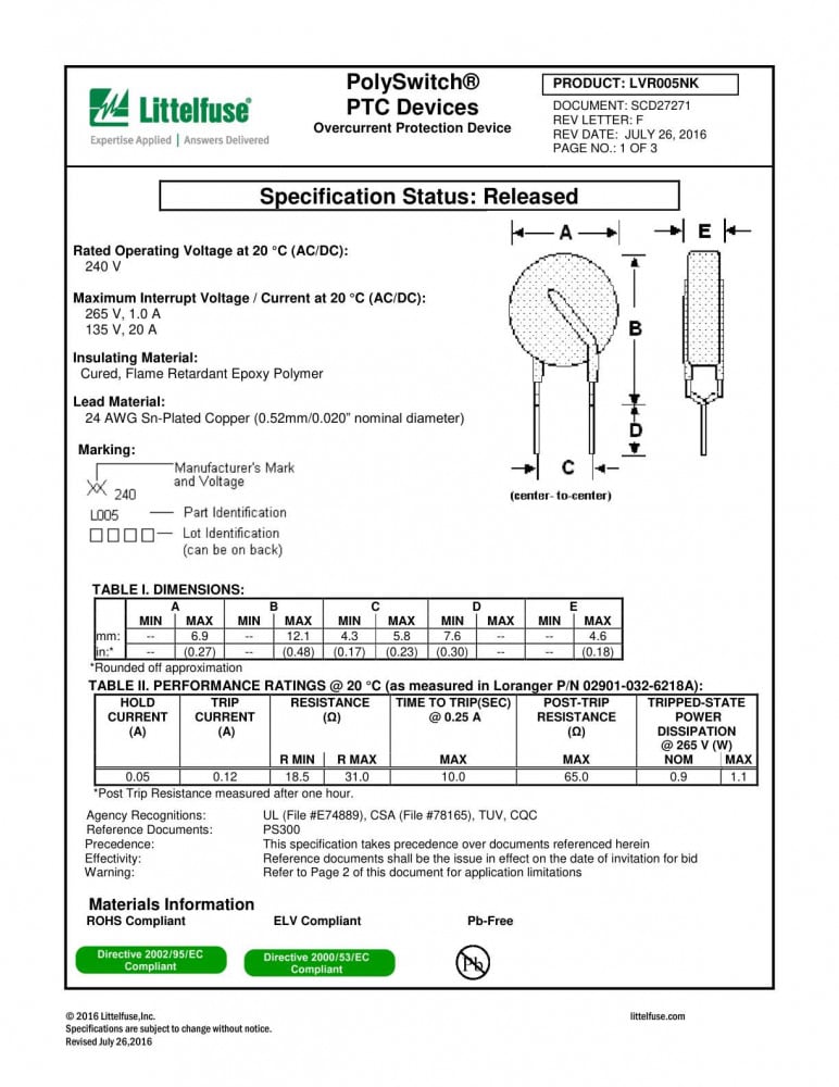 LVR005NK specification document page 1