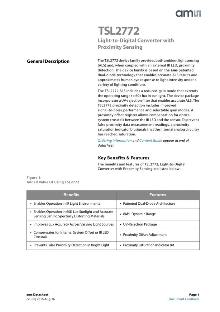 TSL2772 datasheet page 1