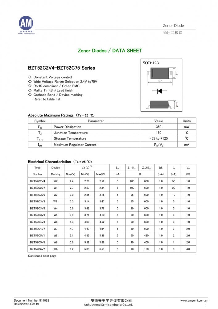 amsem BZT52 series datasheet page 1