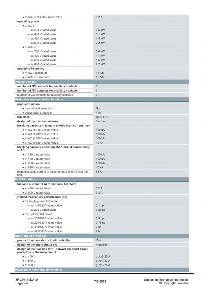 3RV24111DA10 datasheet page 2