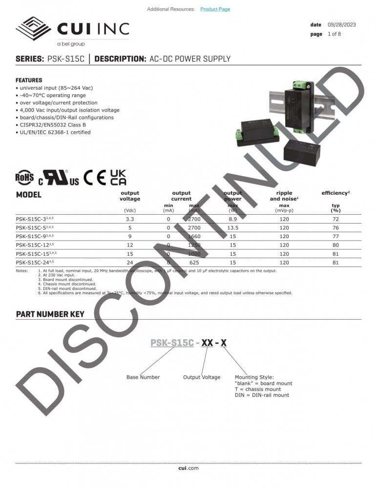 CUI PSK-S15C-24 datasheet page 1