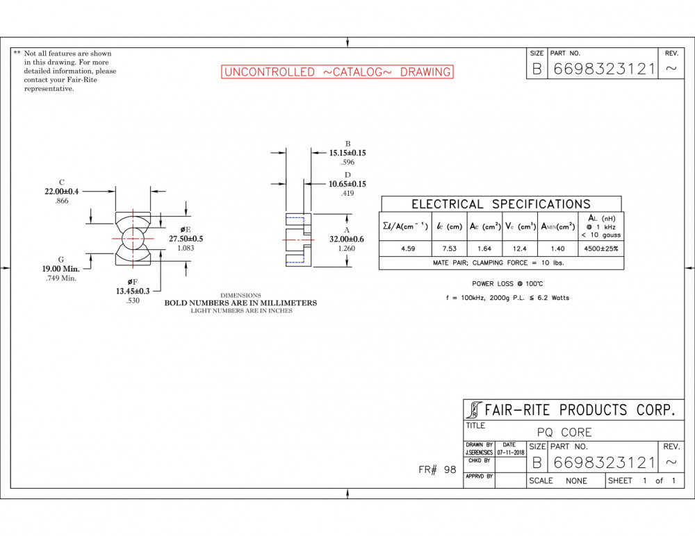 Fair-Rite 6698323121 PQ core drawing page