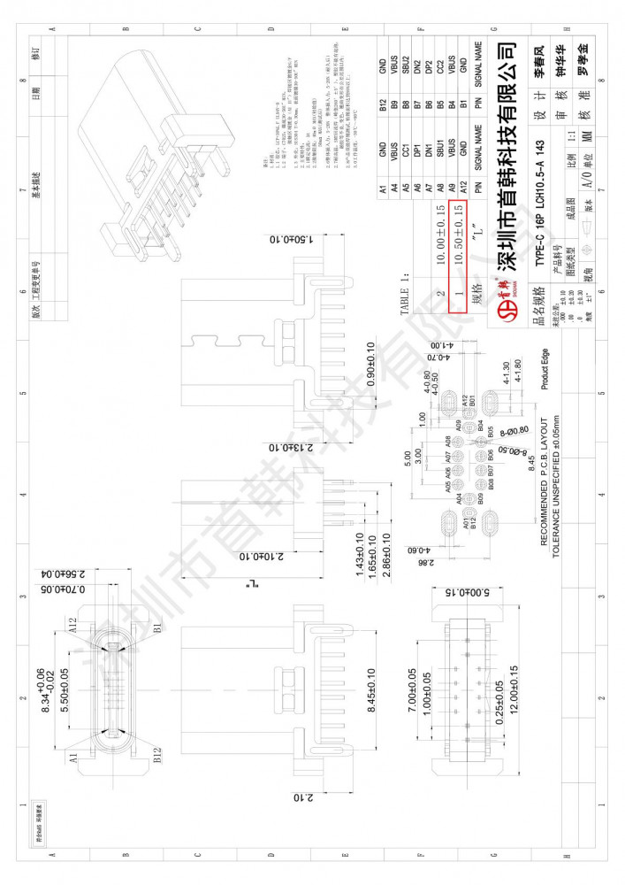 TYPE-C 16P LCH10.5-A 143 approval document page 1